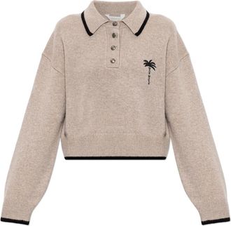 Palm Angels Pull Polo en Laine Manches Longues - Femme - Pulls - Beige - Taille: 36 FR