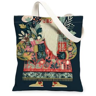 Generic Sacs fourre-tout en toile &agrave; motif floral de No&euml;l, sacs d&eacute;picerie r&eacute;utilisables, l&eacute;gers et lavables avec bandouli&egrave;re, Bleu fonc&eacute;, 13x15 Inch