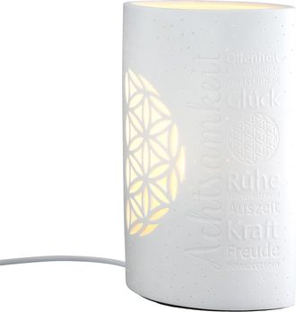 Gilde Tischleuchte AchtsamZeit - Porzellan - oval - wei&szlig; - mit Spruch - H&ouml;he 28cm x Breite 18cm - Dekolampe