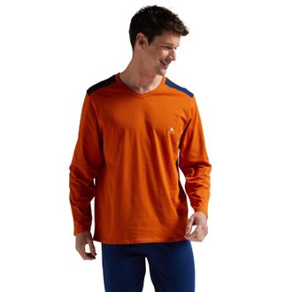 Ath&eacute;na Langer Schlafanzug f&uuml;r Herren, Ecopack - Jersey 100% atmungsaktive Baumwolle - Langarm-T-Shirt + Hose - Label &Ouml;ko-TEX Standard 100, Terrakotta/Marineb
