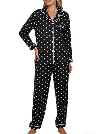 Minetom Ensembles de Pyjama Femme 2 Pi&egrave;ces Bouton V&ecirc;tements de Nuit Polka Dot Manches Longues Col V Chemise et Pantalon Style D 40