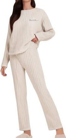 Generic MJGkhiy Pyjama dhiver femme molletonn&eacute; deux pi&egrave;ces v&ecirc;tements de maison lourds haut &agrave; manches longues et pantalon &eacute;l&eacute;gant chaud pyjama long curvy doux 