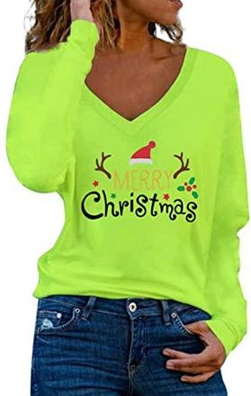 Generic Nouvelles chemises de No&euml;l pour femmes, coupe ample, hauts d&eacute;contract&eacute;s, chemisiers dhiver, tunique &agrave; col en V, t-shirt &agrave; manches longues, Vert, M