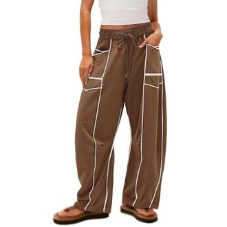 Generic Pantalon baggy baggy avec cordon de serrage pour femme, pantalon de surv&ecirc;tement ample &agrave; jambes larges avec cordon de serrage et poches, marron, XXL