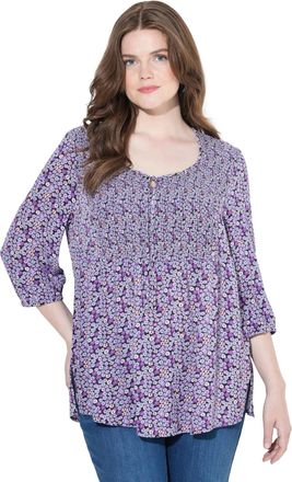 Ulla Popken Damen gro&szlig;e Gr&ouml;&szlig;en &Uuml;bergr&ouml;&szlig;en Plus Size Smokbluse, Bl&uuml;ten, A-Linie, Rundhals, 3/4-Arm Lavendel 46+ 840885814-46+