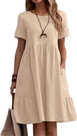 Onsoyours Femme Coton Robe Ete à Manche Courte Robe Tunique Chic col Rond Couleur Unie Boho Robe Maxi Longue Plage Robe avec Poches F Amande XL