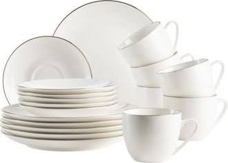 M&auml;ser Serie Felise, elegantes Kaffeegeschirr f&uuml;r 6 Personen, zeitlos, mit goldenem Rand, Porzellan, wei&szlig;