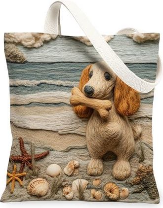 Generic Sac fourre-tout amusant en toile motif teckel pour faire du shopping, 33 x 38,1 cm, sac d&eacute;picerie r&eacute;utilisable pour femme, peinture danimaux domestiqu