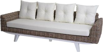 Hhg Sofa HHG 090, 4-Sitzer Couch Rattansofa Loungesofa mit Kissen, 209cm Kubu Rattan natur Stoff/Textil Polster creme