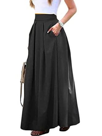 ORANDESIGNE Jupe Longue Femme Ete Taille Elastique Maxi Jupe Fluide Boho R&eacute;tro Mode &Eacute;l&eacute;gant Couleur Unie Jupe Plissee Trapeze Plage Casual Skirt Ete C Noir XS