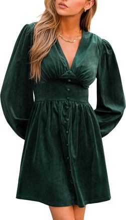 Cupshe Damen Kleid Langarm V-Ausschnitt Freizeitkleider Kn&ouml;pfe Laternen&auml;rmel Cocktailkleid A-Linie Herbst Winter Minikleid