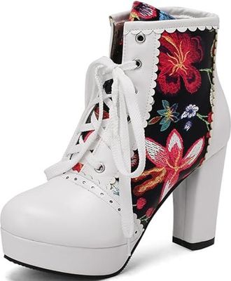 SJJH Bottes de cheville &agrave; lacets r&eacute;glables | Bottes pour femme pour occasions polyvalentes, talon de 9,5 cm, motif floral, polyvalent, Noir 1, 43 EU