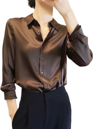 Generic Chemisiers habill&eacute;s et d&eacute;contract&eacute;s en satin pour femme - Chemisiers &agrave; manches longues grande taille pour femmes, chemise &agrave; boutons &agrave; boutons et &eacute;paul
