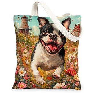 Generic Sac fourre-tout en toile pour le shopping Motif chien terrier de Boston 33 x 38 cm, sac d&eacute;picerie r&eacute;utilisable pour femme, motif floral amusant pour a