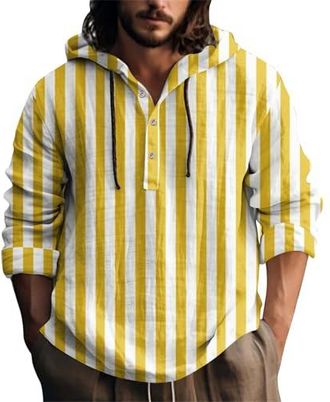 Generic Sweat &agrave; capuche l&eacute;ger pour homme &agrave; rayures verticales imprim&eacute;es &agrave; 3 boutons - Pull d&eacute;contract&eacute; pour la marche - L&eacute;ger et respirant - Cordon de serrage