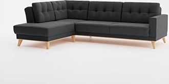 Cavadore Ecksofa Lima mit Ottomane / Couch in L-Form mit Schlaffunktion + Bettkasten / Holzrahmen + Steppung im Rücken / Strukturstoff, Dunkelgrau