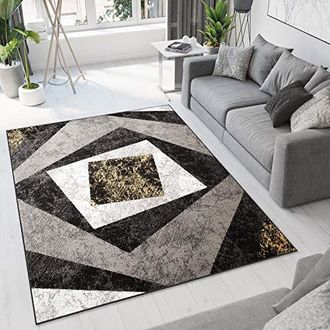 Tapiso Dream Tapis de Salon Chambre Salle &agrave; Manger Adulte Bureau Design Moderne Jaune Gris Noir Blanc G&eacute;om&eacute;trique Motif Carreaux Poil Court Fin Doux L&eacute;ger R&eacute;