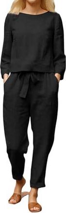 Generic Co Ord Ensembles pour femmes V&ecirc;tements de couleur unie Haut pliss&eacute; &agrave; manches longues et pantalon ample &agrave; jambe large Costume d&eacute;contract&eacute; Ensemble de s