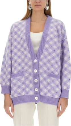 Alessandra Rich Femme, Pulls, Multicolore, Taille: 36 FR Cardigan Long en Maille Vichy avec Strass Thermocollants