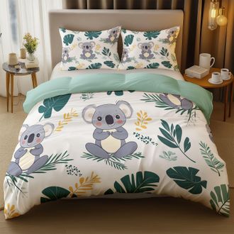 Generic Bettw&auml;sche Set Koala Blatt Cartoon Gr&uuml;n Grau, Microfaser Wendebettw&auml;sche Weich & B&uuml;gelfrei Bettbezug Mikrofaser Mit Kopfkissenbezug Mit 2 Rei&szlig;verschlu