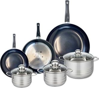 Fackelmann ELO 9745550 Batterie de cuisine 6 pièces, Ensemble de 3 Poêles de cuisson 20, 24 et 32 cm et 3 faitouts 14, 16 et 20 cm Elo Prima Brillant, inox, indu