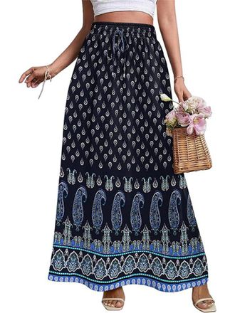 Onsoyours R&ouml;cke Damen Sommer Rock Lang Maxirock A-Linie Sommerrock Hohe Taille Elastisch Boho Strandrock A3 XL