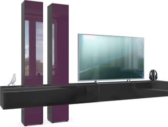 Vladon Wohnwand Moja, Made in Germany, Schwarz matt & Schwarz/Brombeer Hochglanz - Moderne Anbauwand f&uuml;r Ihr Wohnzimmer (BxHxT) 330 x 204 x 39 cm