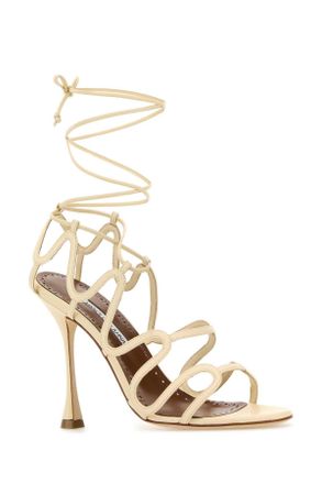 Manolo Blahnik Womens Fawda Heel Sandal Beige Leather