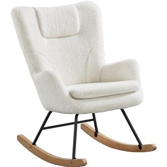 Yaheetech Fauteuil à Bascule Scandinave en Tissu Bouclé Rocking Chair à Haut Dossier Fauteuil Allaitement avec Pieds en Bois Massif Chaise dappoint pour Salon C