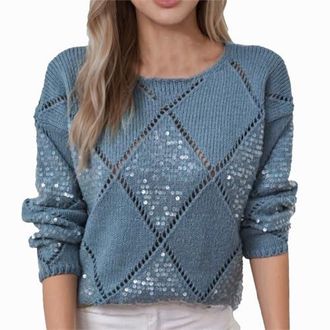 Generic Pull en crochet &agrave; col rond et manches longues pour femme Motif losanges, bleu, XXL