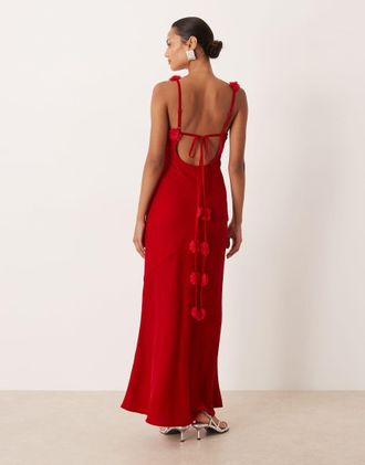 For Love & Lemons Satin-Maxikleid in Rot mit R&uuml;ckenausschnitt und Rosettendetails