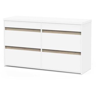 PEGANE Commode meuble de rangement 6 tiroirs couleur blanc mat / ch&ecirc;ne - Largeur 154,5 x Profondeur 50 x Hauteur 89,2 cm