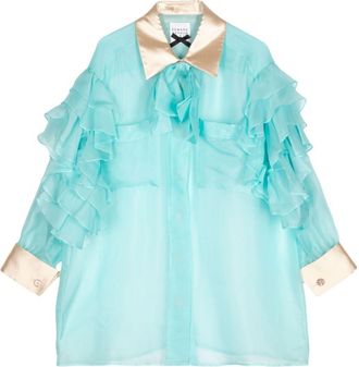 Edward Achour Paris Seidenhemd mit Rüschen - Blau
