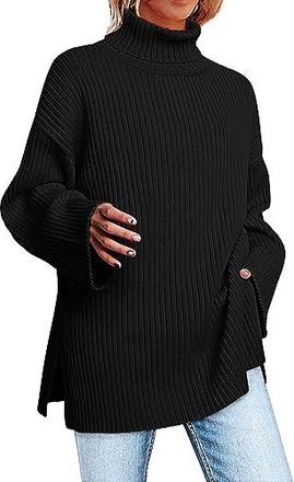 Generic Pull en tricot &eacute;pais pour femme - Pull d&eacute;contract&eacute; et chaud - Manches longues - Col roul&eacute; - Pull l&eacute;ger pour femme, Noir, XL