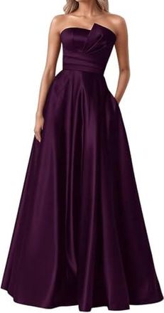 Generic Robe de bal longue sans bretelles en satin pour femme - Robe de soir&eacute;e formelle sans manches, prune, 54 Grande taille