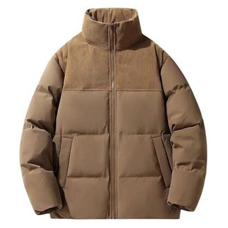 Generic Doudoune courte en velours côtelé à col montant épissé coupe-vent chaud décontracté pour homme, kaki, XXL