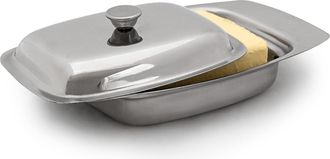 Relaxdays Butterdose mit Griff 6 x 19,5 x 13 cm HxBxT, 250 g Butter Schale mit Butterglocke in Edelstahl-Optik, silber