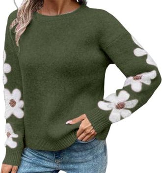 Generic Pull &eacute;l&eacute;gant en tricot jacquard floral pour femme, &eacute;l&eacute;gant et confortable, vert militaire, XL