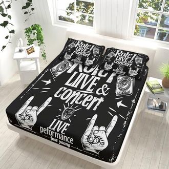 Generic Concert De Rock Rétro Enfant Drap Housse Set 160x200 cm pour Matelas de 30 cm Haut Drap de lit avec Taie doreiller, Tissu Microfibre Anti-Acarien Hypo