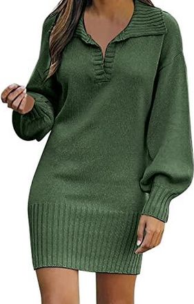 Generic Robe pull &agrave; manches longues rouge - Petite robe dhiver pour femme - Robe pull en tricot &eacute;pais avec col en V avec col en V et poignets ourl&eacute;s en tricot