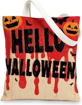 Generic Sacs fourre-tout effrayants en toile, motif citrouille dHalloween vintage, sacs dépicerie réutilisables, légers et lavables avec bandoulière, Rouge, 1