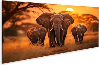 Islandburner Bild auf Leinwand Drei Elefanten bei Sonnenuntergang in der afrikanischen Savanne Bilder Wandbilder Poster