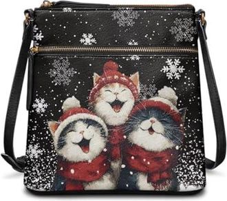 Coloranimal Sac &agrave; bandouli&egrave;re pour femme en cuir avec fermeture &eacute;clair sur le th&egrave;me de No&euml;l, Happy Christmas Cat