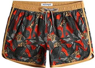 Maamgic Short de Bains Homme Maillot de Bain Court 4 Way Stretch Vintage 80 90 Séchage Vite pour Vacance a la Plage,Jungle Rouge Marron,XXL