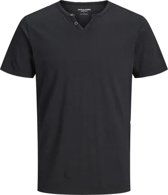 Jack & Jones Herren Basic T-Shirt V-Ausschnitt Kurzarm Jersey Baumwolle Shirt mit Knöpfen JJESPLIT, Farben:Schwarz, Größe:XL