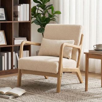 HOMCOM Fauteuil de salon HOMCOM avec cadre en bois massif fauteuil lounge - assise profonde - accoudoirs - aspect velours beige