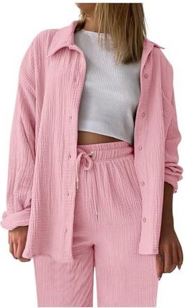 Generic Ensemble 2 pi&egrave;ces pour femme, v&ecirc;tements de d&eacute;tente, chemises surdimensionn&eacute;es deux pi&egrave;ces assorties et pantalon &agrave; cordon de serrage, tenue d&eacute;t&eacute; 2026, 