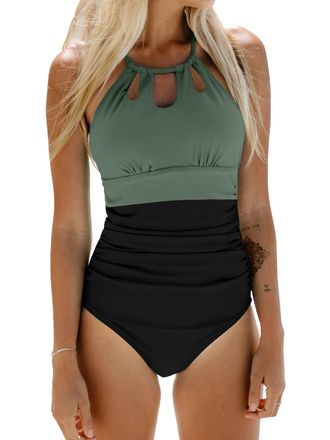 Cupshe Damen Badeanzug High Neck Zierausschnitt Bauchweg Raffungen Strandmode Einteilige Bademode Swimsuit Schwarz/Gr&uuml;n XL