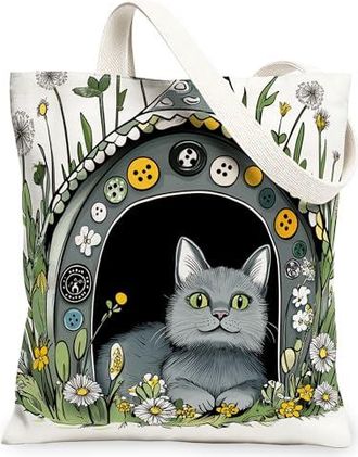 Generic Sac fourre-tout en toile motif chat bleu russe pour faire du shopping, 33 x 38,1 cm, maison de chaton amusant, sac d&eacute;picerie r&eacute;utilisable, sac d&eacute;picer