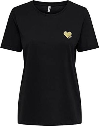 Only Women Plain Brand Heart T-Shirt | Basic Shortsleeve Round Neck Top | Unicolored Shirt ONLKITA, Couleurs:Noir, Taille:XS